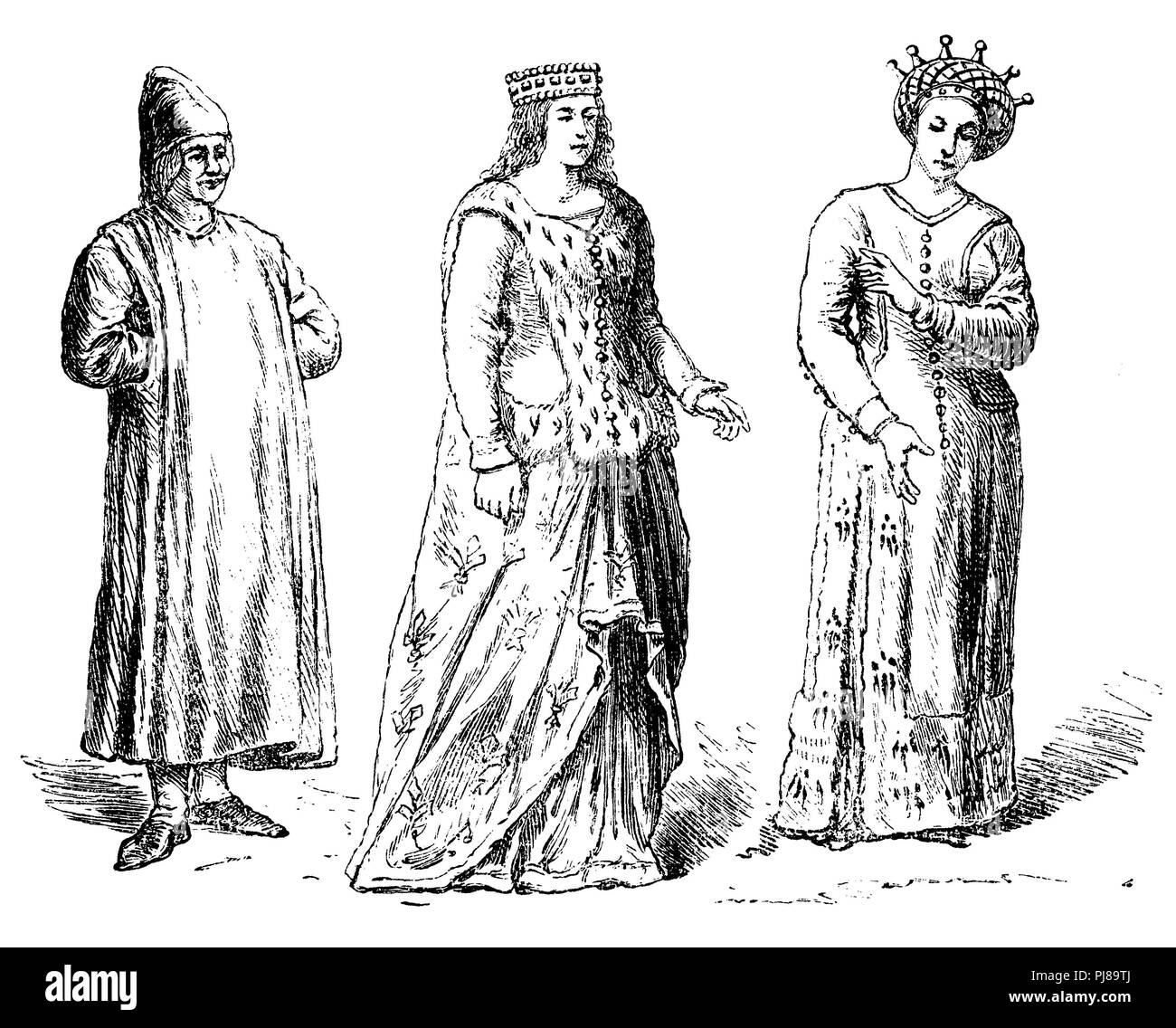 Englishman (1300-1400), left: citizen, middle: queen, right: noble ...