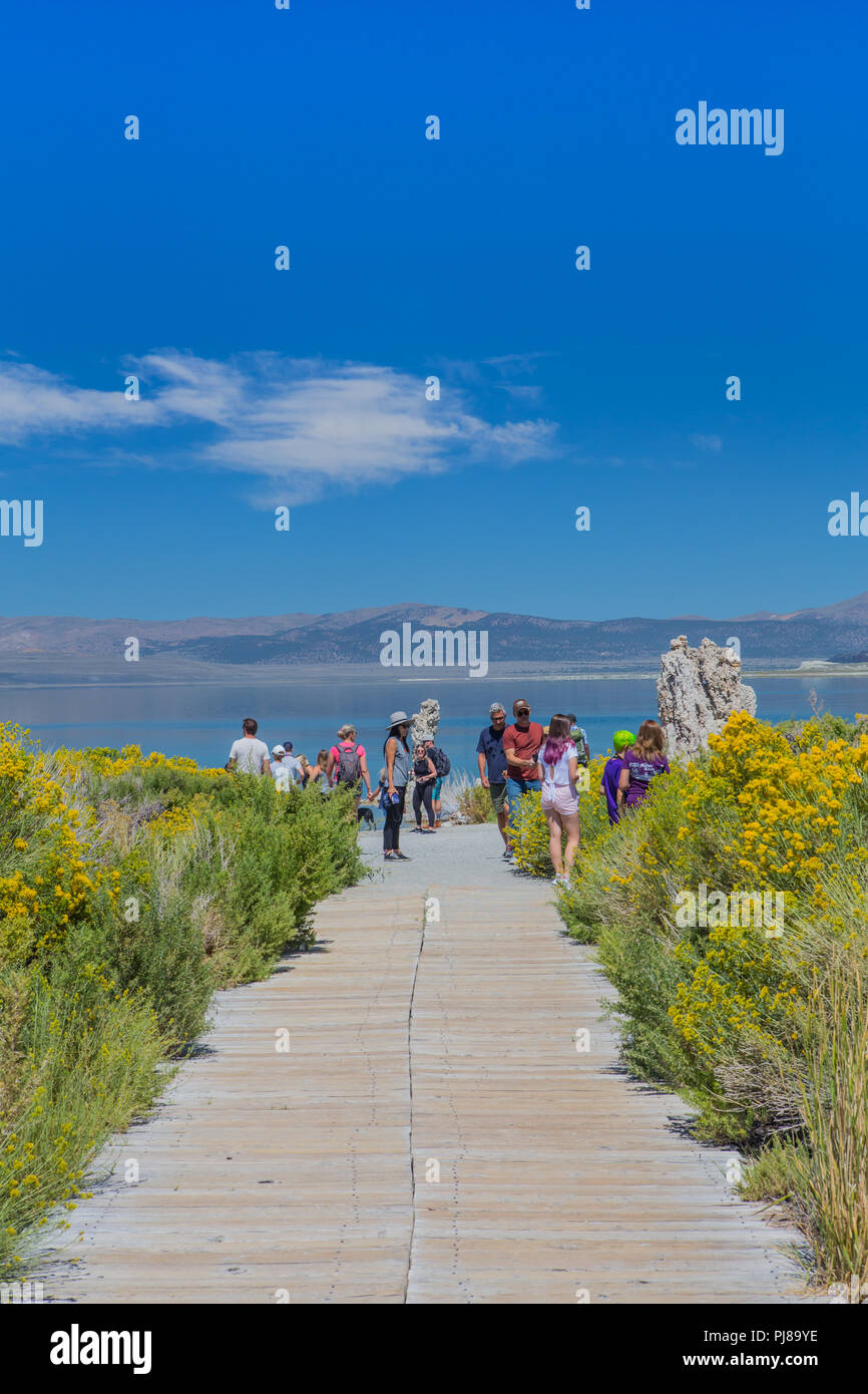 Visitors arriving at Mono Lake walk along the boardwalk to view theTufa ...