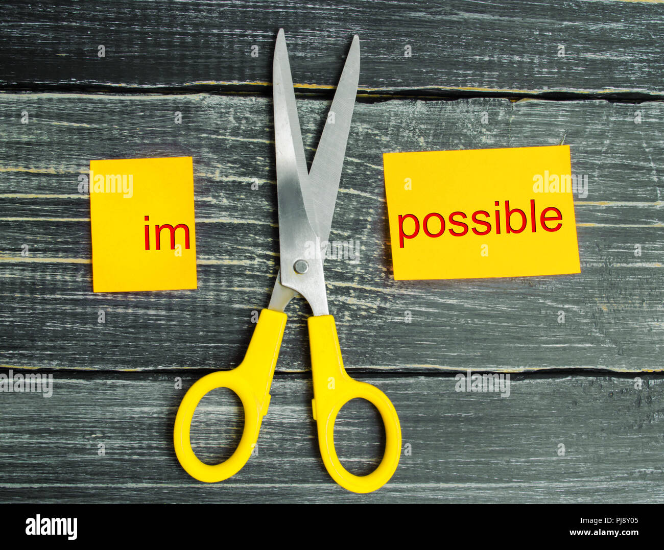 Impossible Is Possible Concept. card with the text impossible, scissors ...