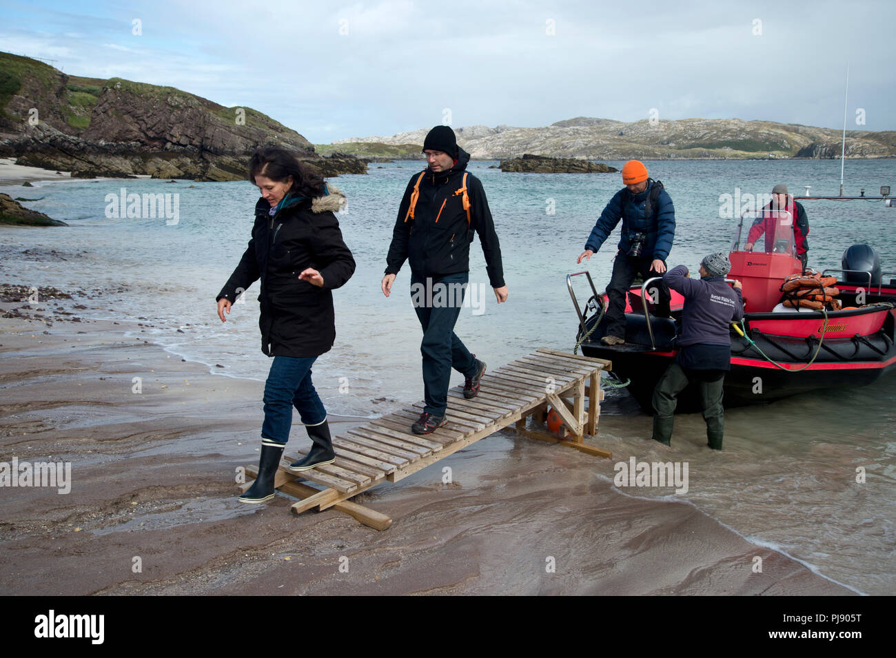 Scotland. Sutherland. Ferry to Handa Island from Tarbet. Disembarking ...