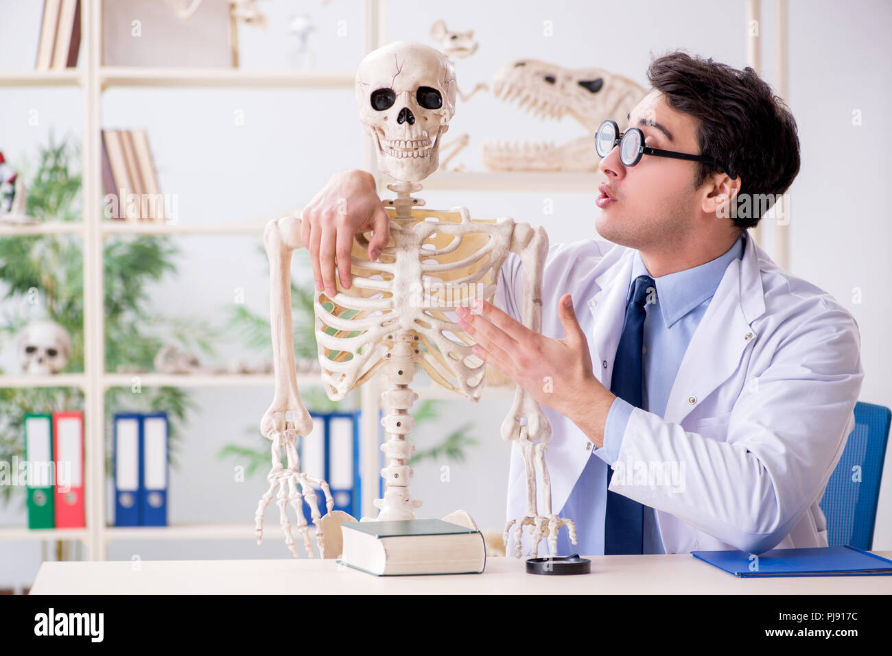Crazy professor studying human skeleton Stock Photo - Alamy