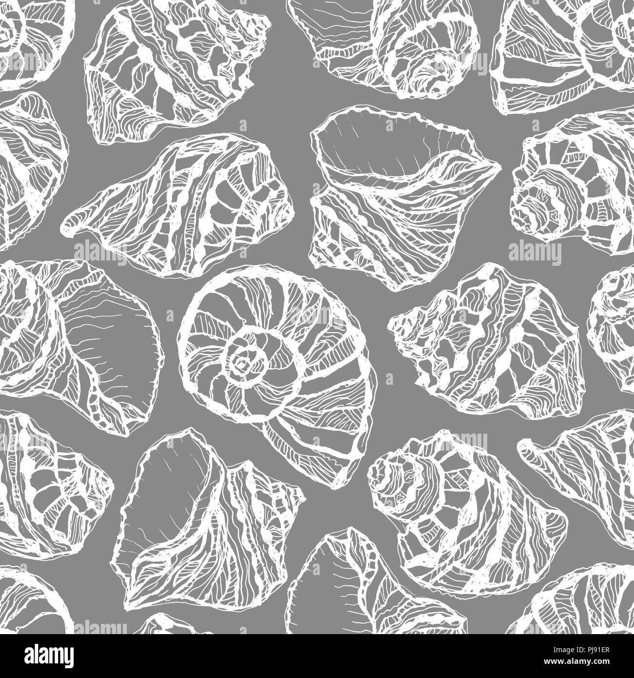 Vector seamless pattern from white seashell on gray background. Hand ...