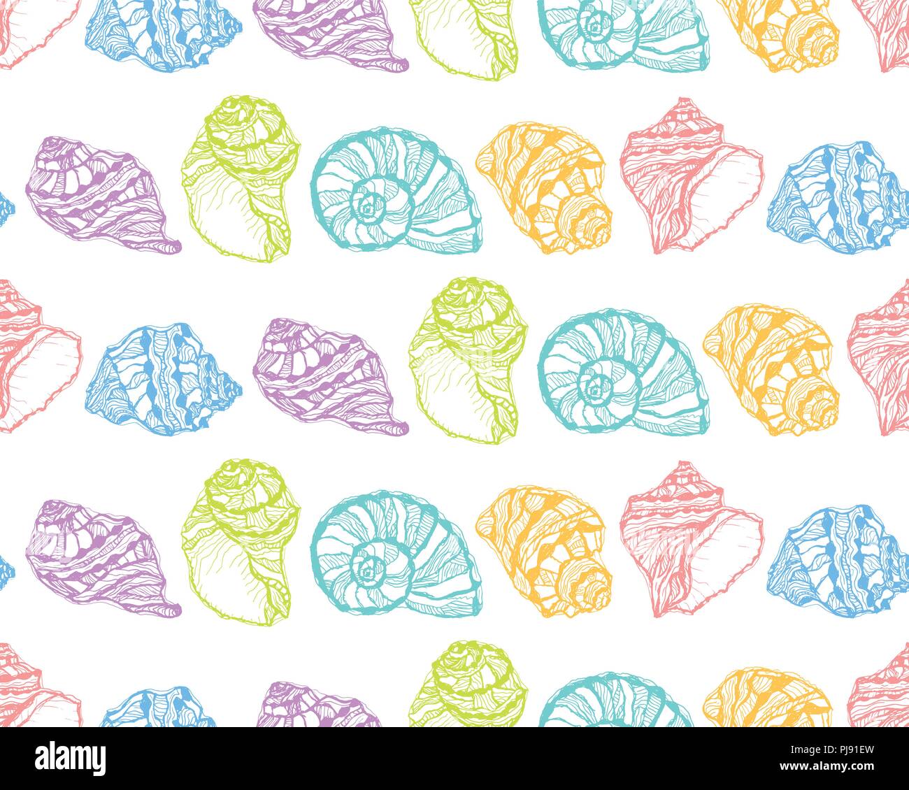 Vector seamless pattern from colorful seashell on white background ...