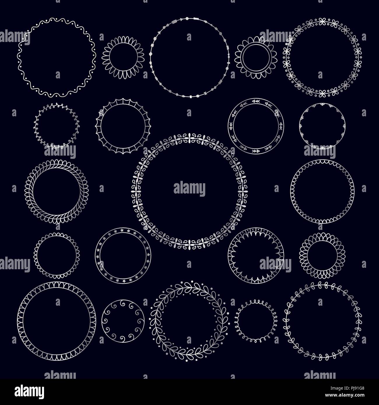 Vector set of round decorative frame. Silver geometric frame. Metallic ...