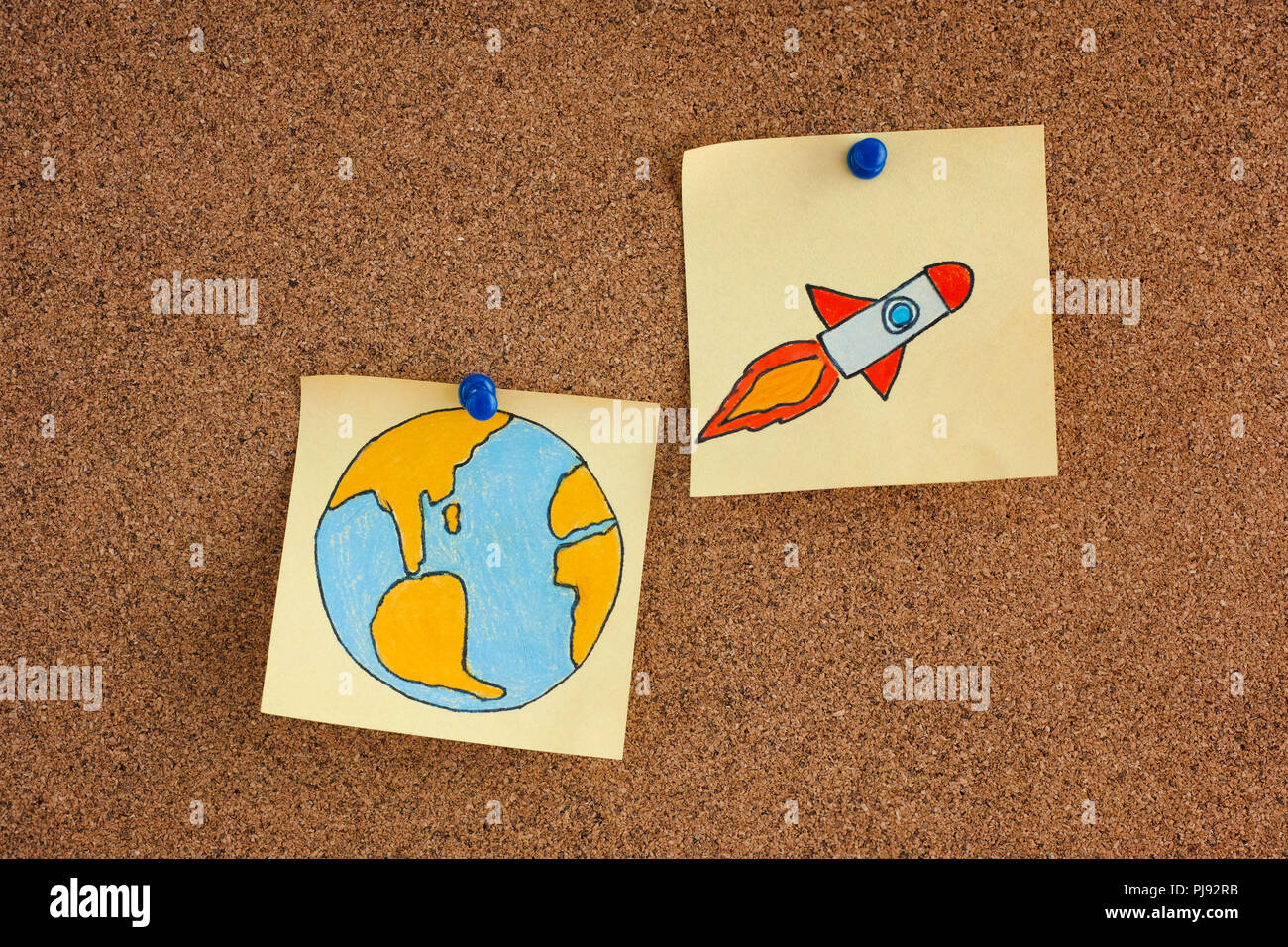 Post it Notes with planet Earth and Space Rocket on bulletin board. New ...