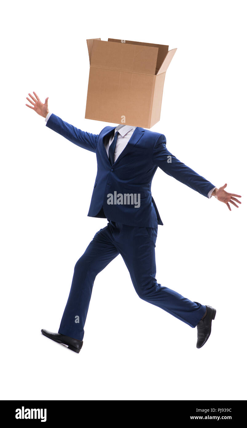Businessman with blank box on his head Stock Photo - Alamy
