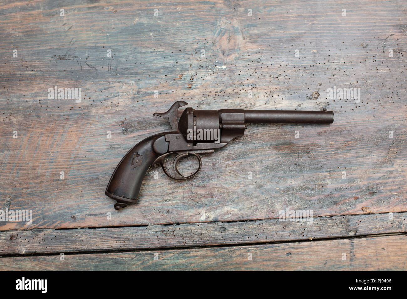 Historic gun in a museum exhibit or collectors showcase displayed on a ...