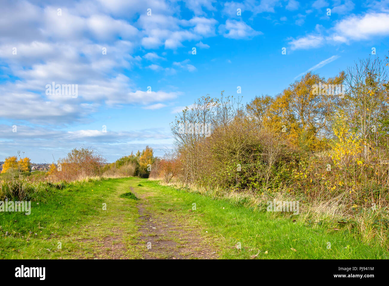Landscape England.Meadow on top of the hill and path in british ...