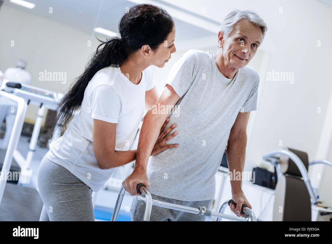 Emotional baby boomer getting help in a special rehabilitation center ...