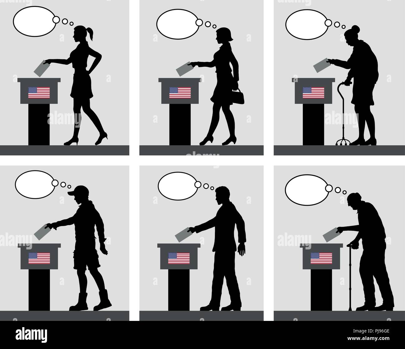 American citizens voting for election in USA with thought bubble. All ...