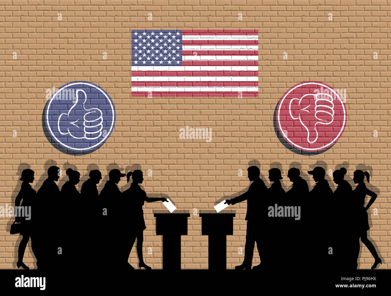 American voters crowd silhouette in election with thumb icons and USA ...