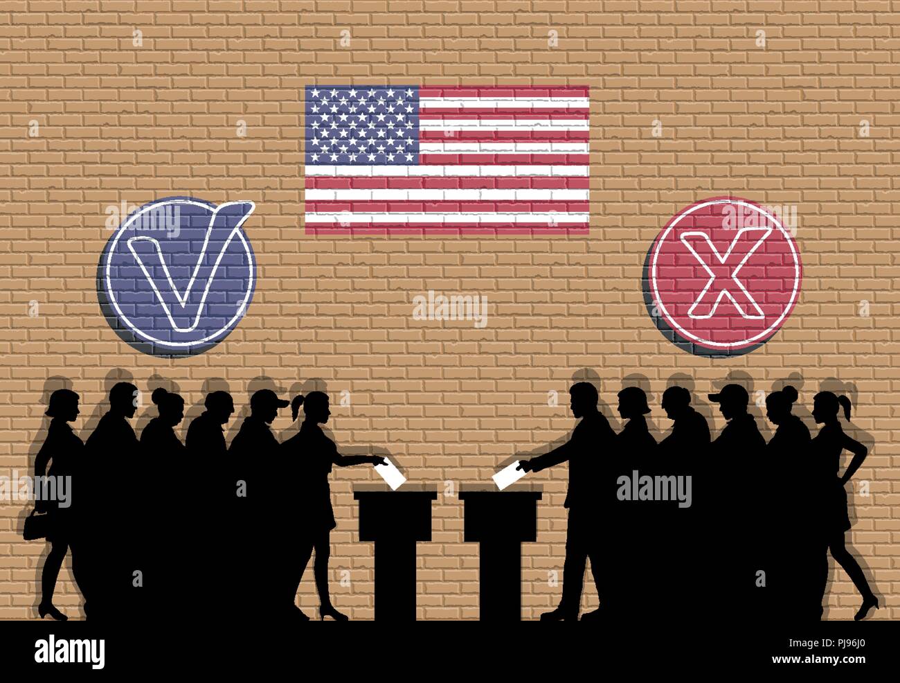 American voters crowd silhouette in election with check marks and USA ...