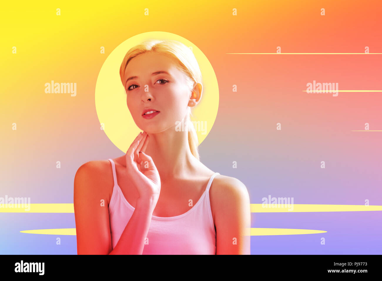 Nice beautiful young woman touching her neck Stock Photo - Alamy