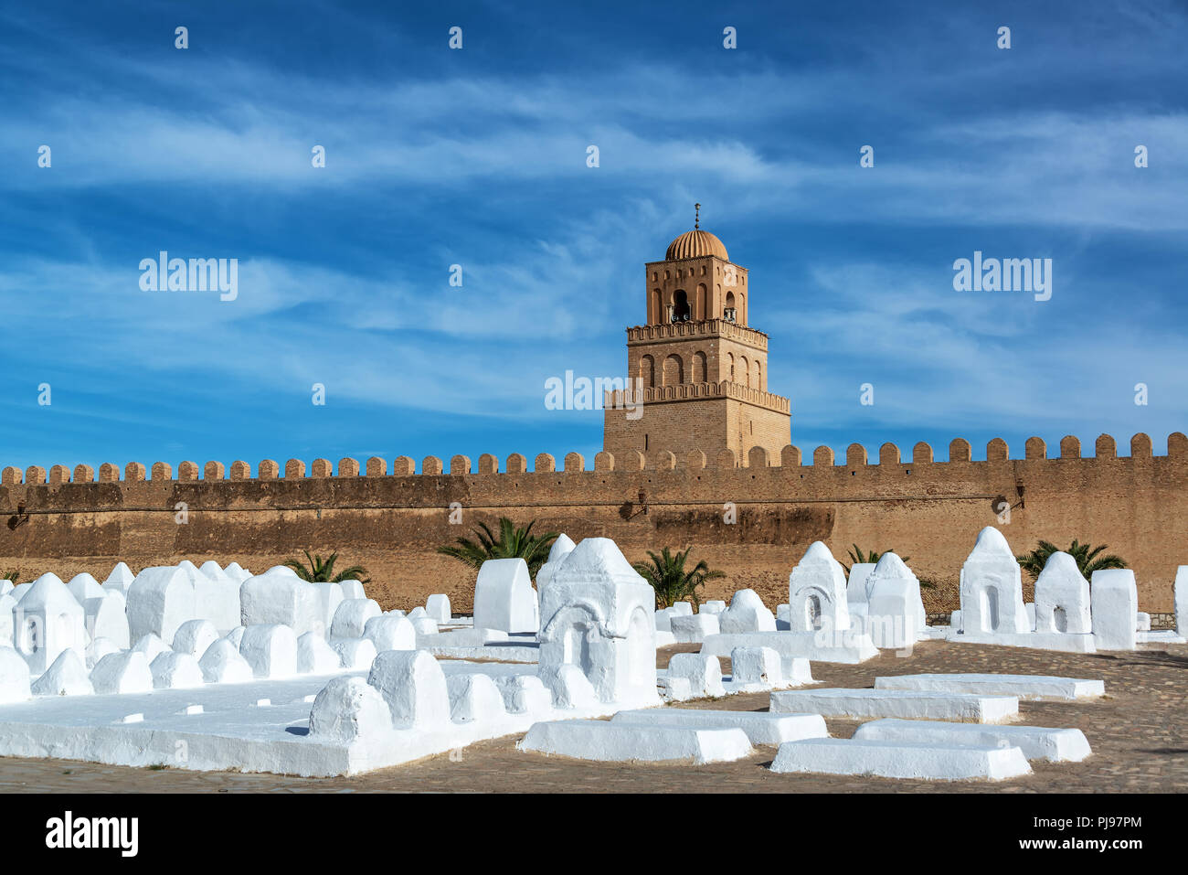 Cemetery and Great Mosque in the historic city of Kairouan, Tunisia ...