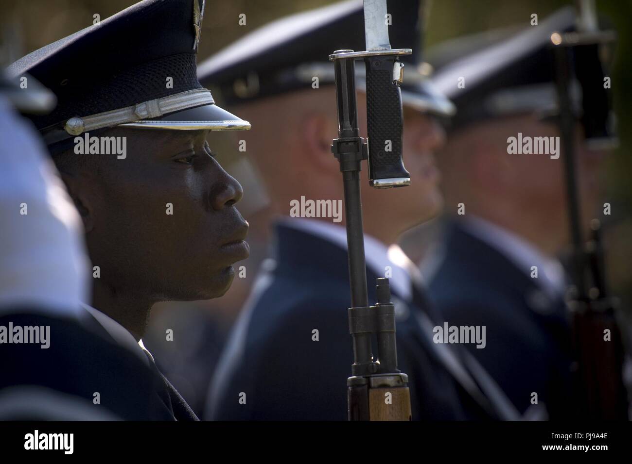 A U.S. Air Force Honor Guard ceremonial guardsman stands in formation ...