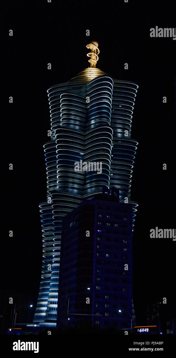 The Unha Tower. Mirae Scientists Street, Pyongyang North Korea, lit up ...