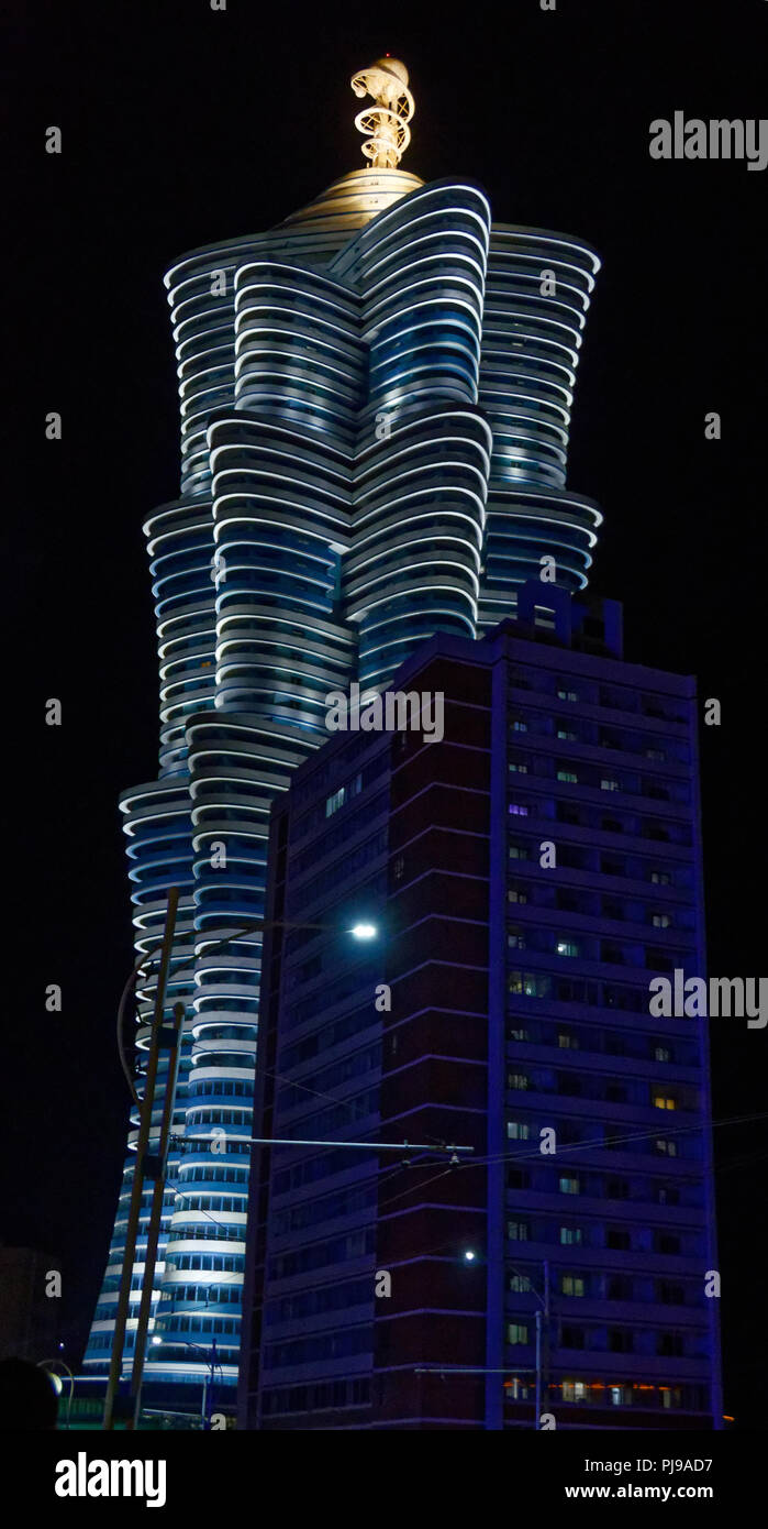 The Unha Tower. Mirae Scientists Street, Pyongyang North Korea, lit up ...
