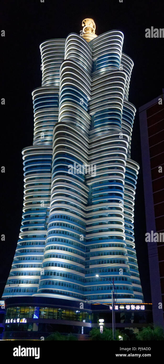 The Unha Tower. Mirae Scientists Street, Pyongyang North Korea, lit up ...