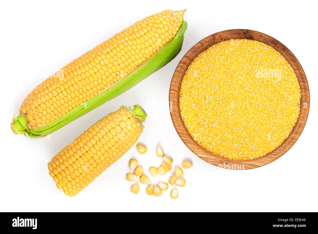 corn groats or cornmeal and corncob isolated on white background. Top ...