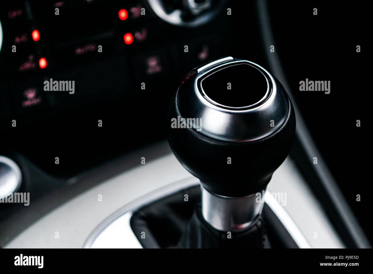 Close up view of a gear lever shift. Manual gearbox. Car interior ...