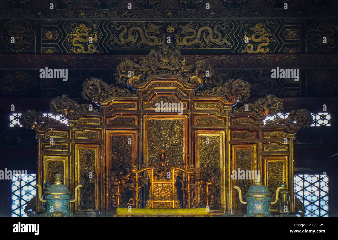 Beijing, China - Mar 1, 2018. Emperor throne and court area in the Hall ...