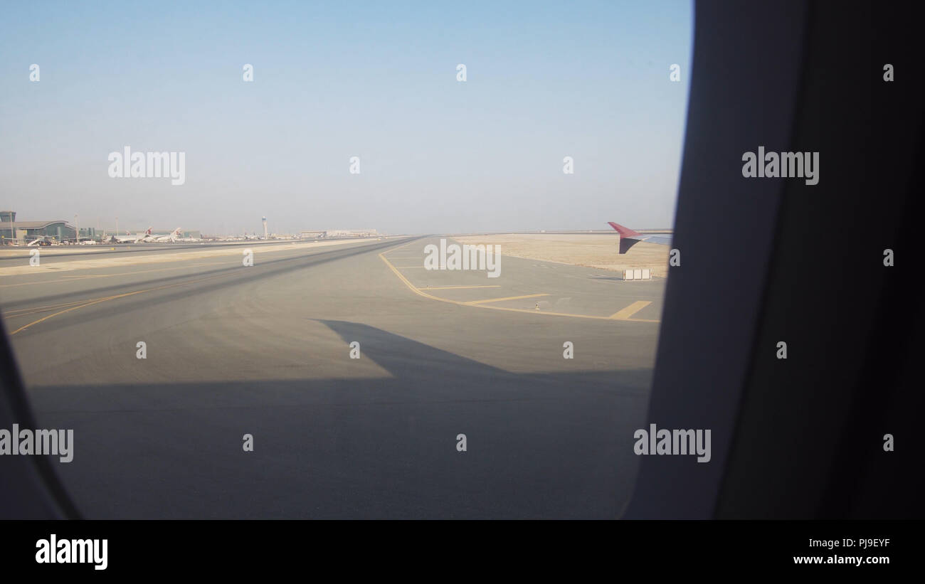 Takeoff of the aircraft from the airfield, View through an airplane ...