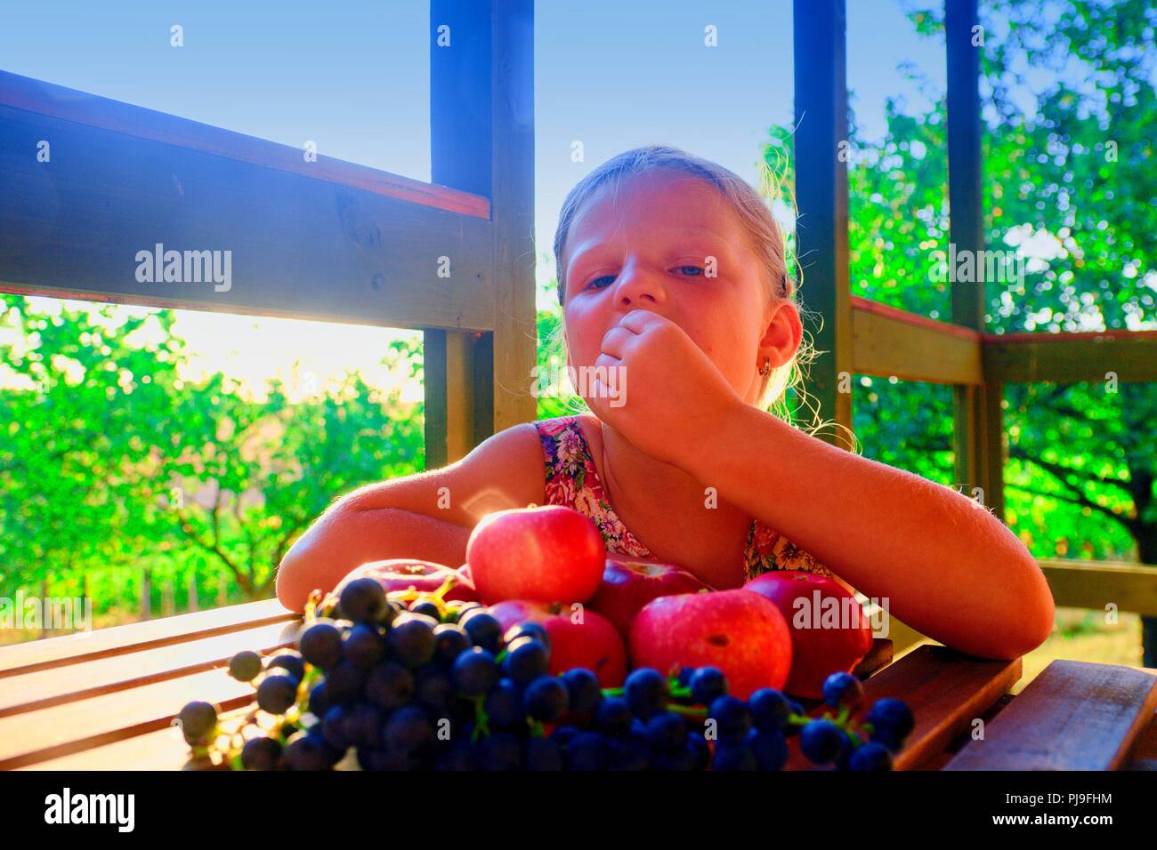 Girl with fruit in the garden. Beautiful little farmer girl holding and ...