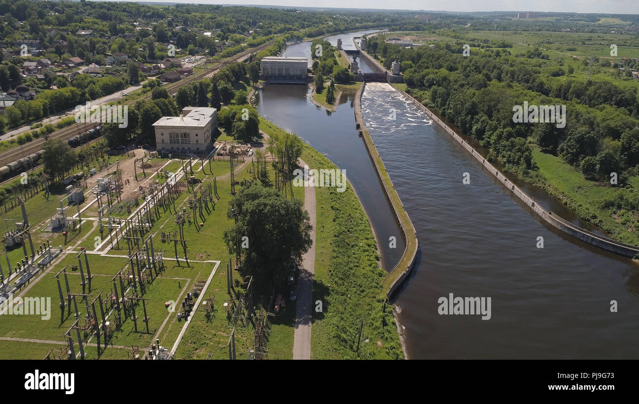 Sluice Gates on the River. Aerial view river sluice construction, water ...