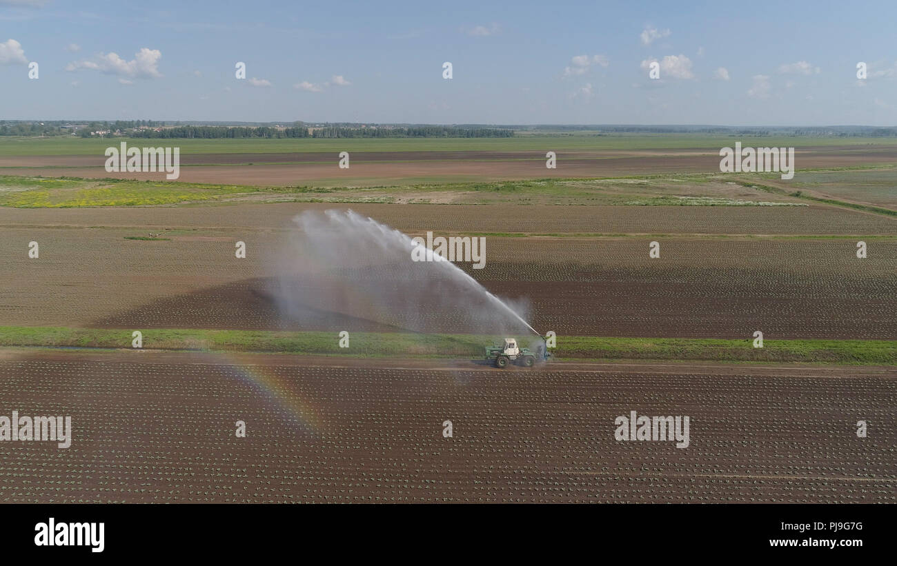Aerial view of Crop Irrigation using the center pivot sprinkler system ...