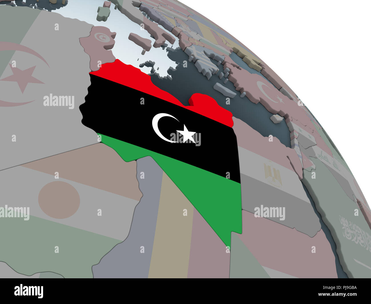Libya on political globe with embedded flag. 3D illustration Stock ...
