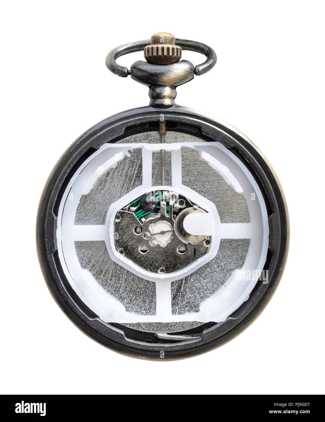 open retro style pocket watch with little modern quartz movement ...
