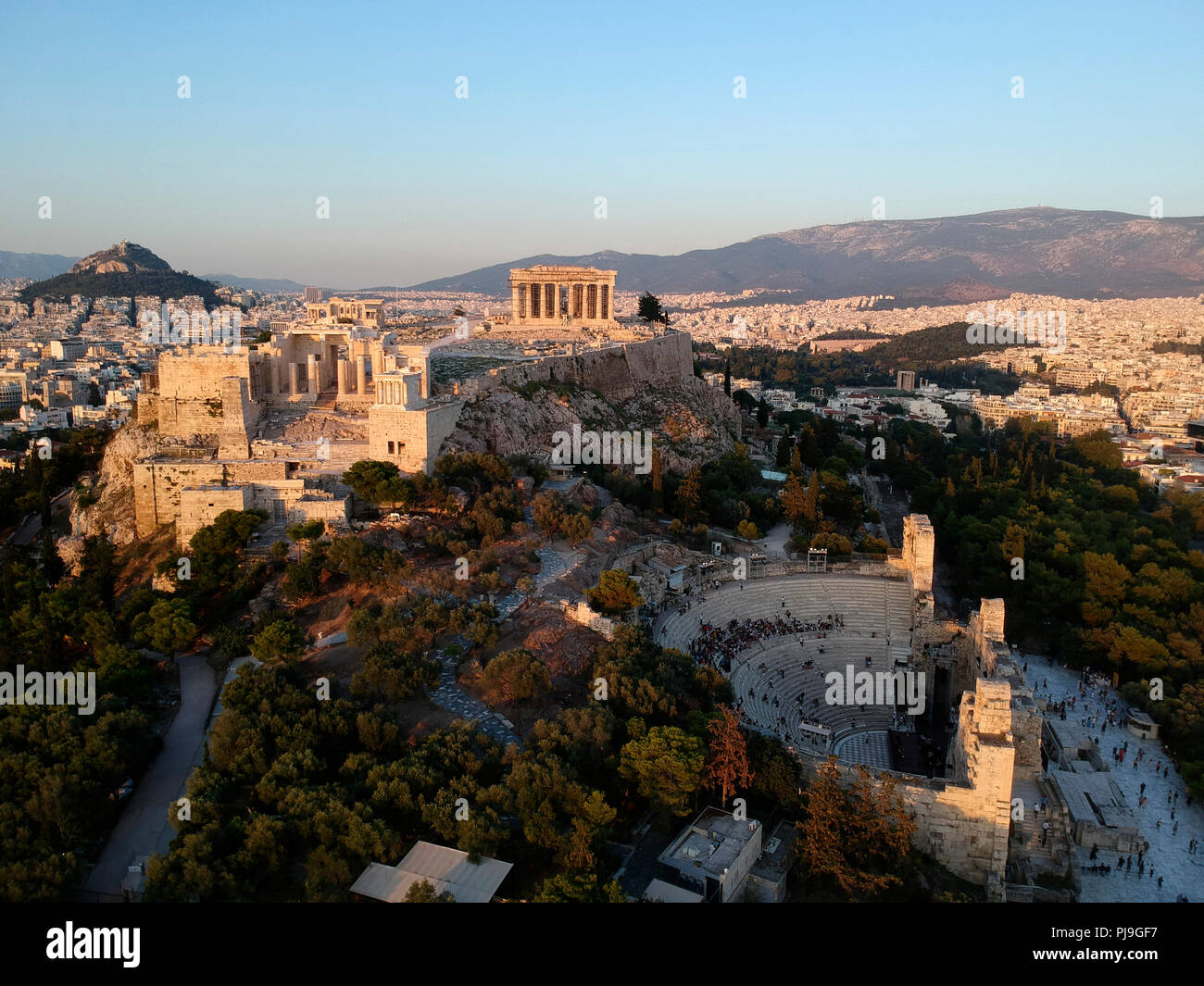 Aerial of the Acropolis, Mount Lycabettus and ancient amphitheater ...