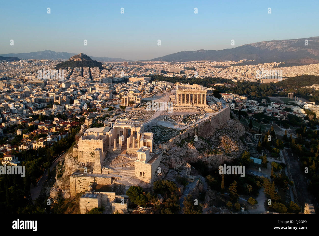 Aerial of the Acropolis and Mount Lycabettus, Athens, Greece Stock ...