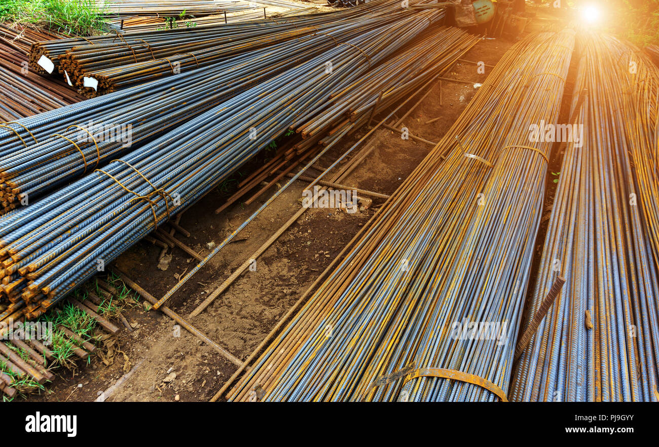 steel rebar for reinforcement concrete at construction site with house ...