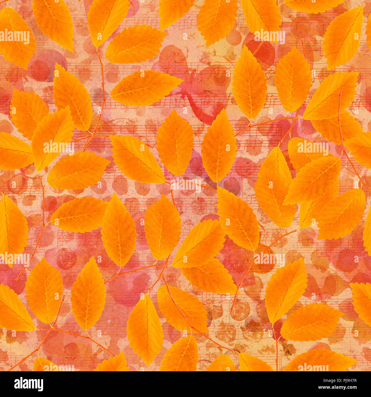 A seamless pattern of yellow autumn leaves on a vintage watercolour ...