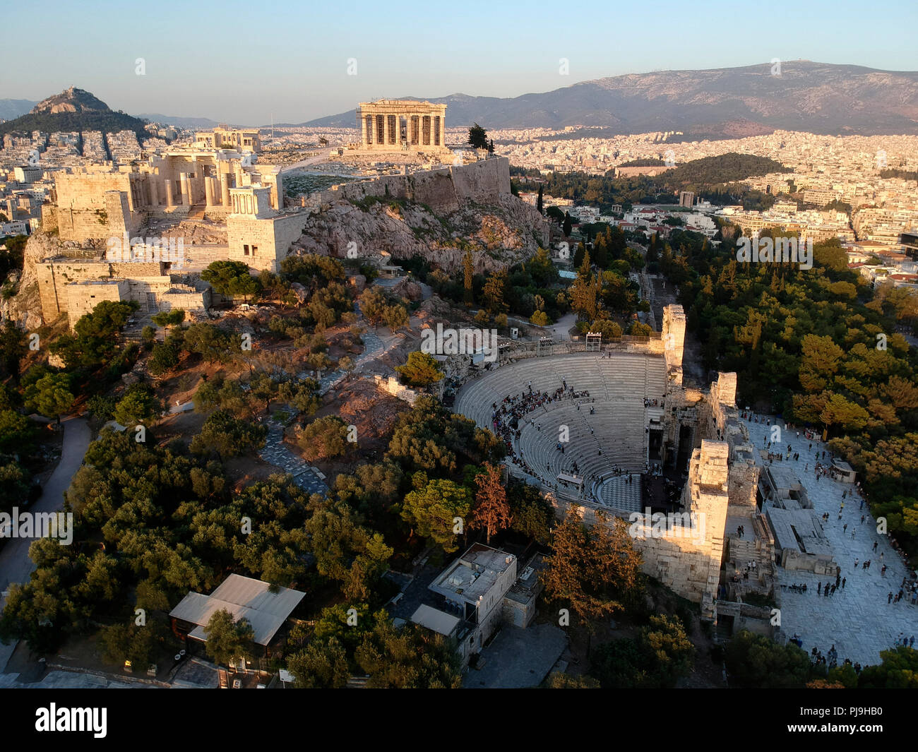 Aerial of the Acropolis, Mount Lycabettus and ancient amphitheater ...