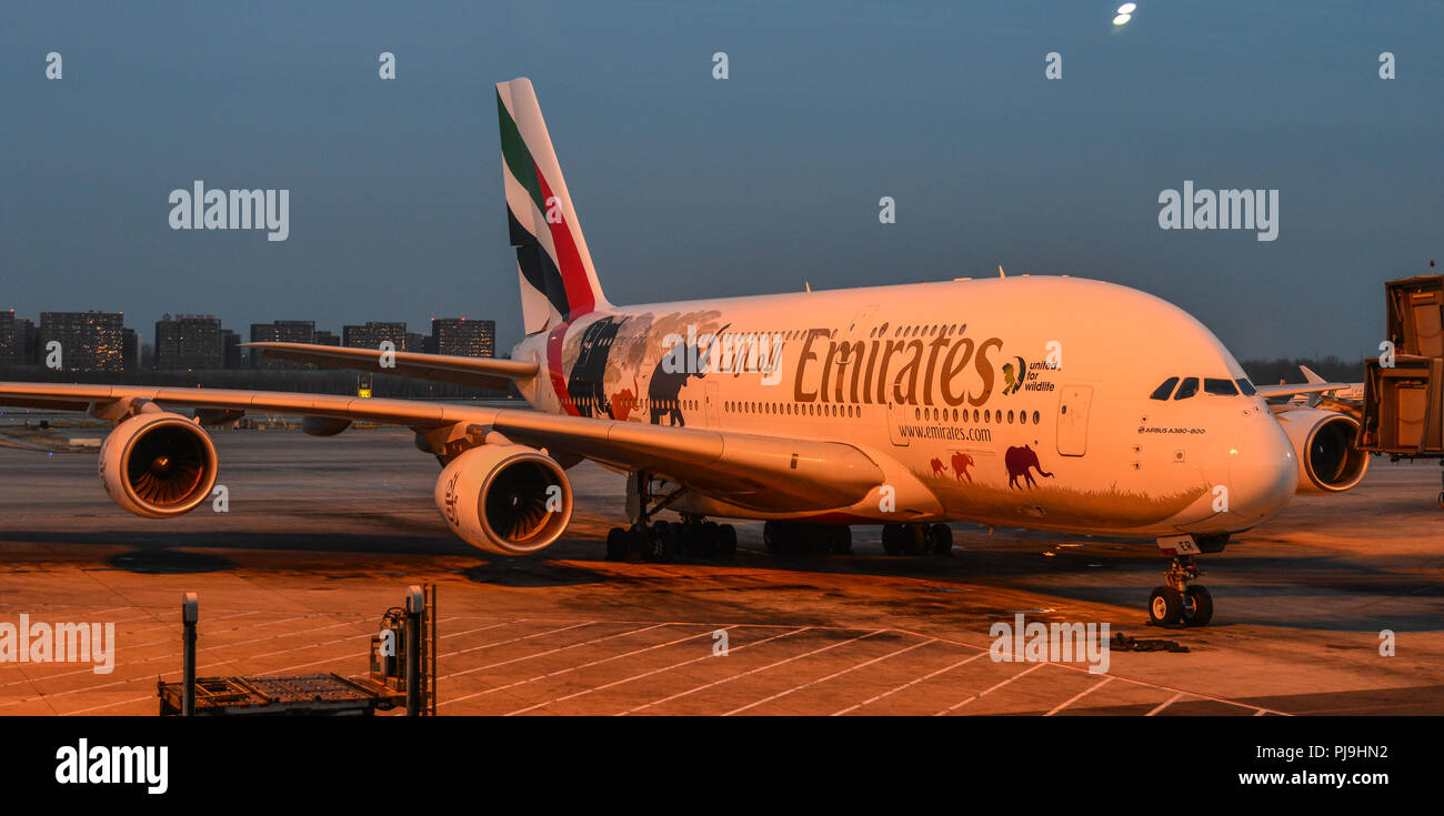 Beijing, China - Feb 28, 2018. An Airbus A380-800 airplane of Emirates ...