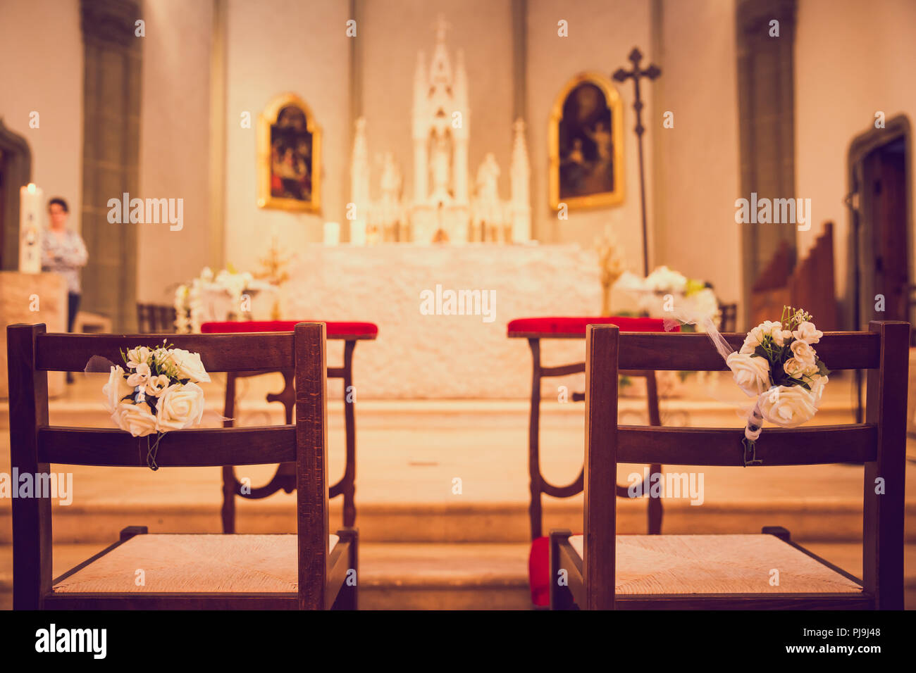 Illuminated Roman Catholic Church with Stained Glass Windows Stock ...