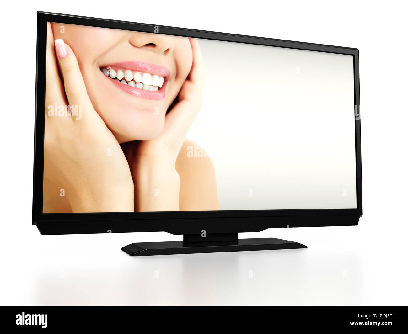 Cheerful female smile on an abstract LED tv screen, white background ...