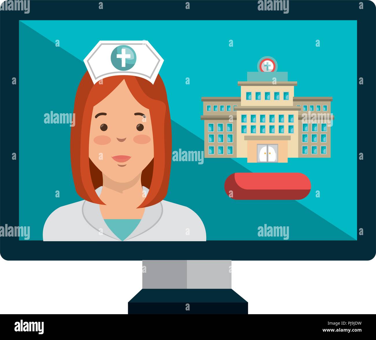 nurse and hospital with computer telemedicine vector illustration ...