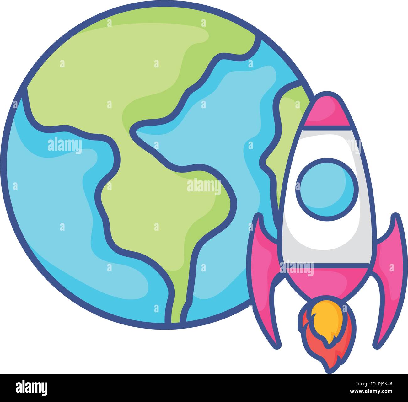 earth planet and space rocket over white background, vector ...