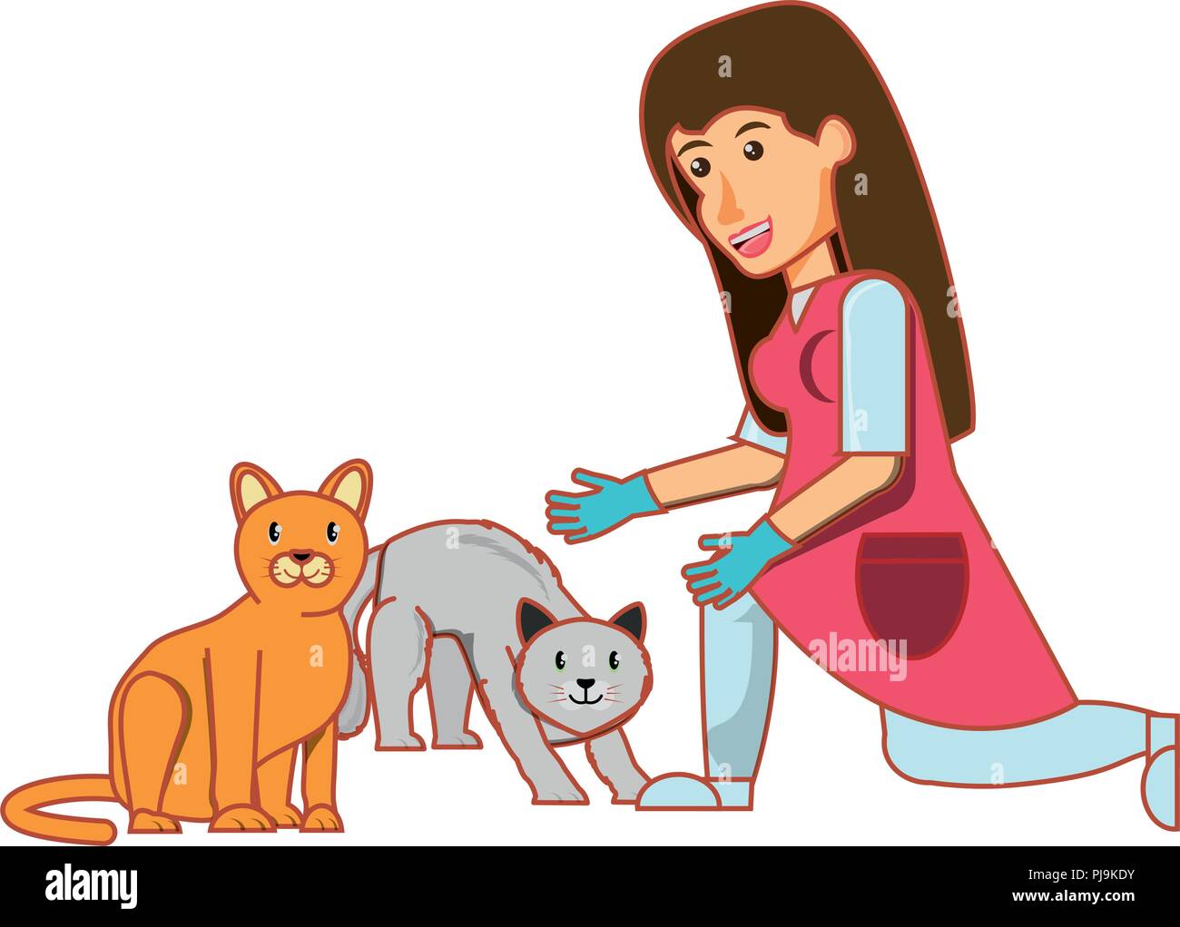 cartoon woman on her knees strocking a cute cats over white background ...
