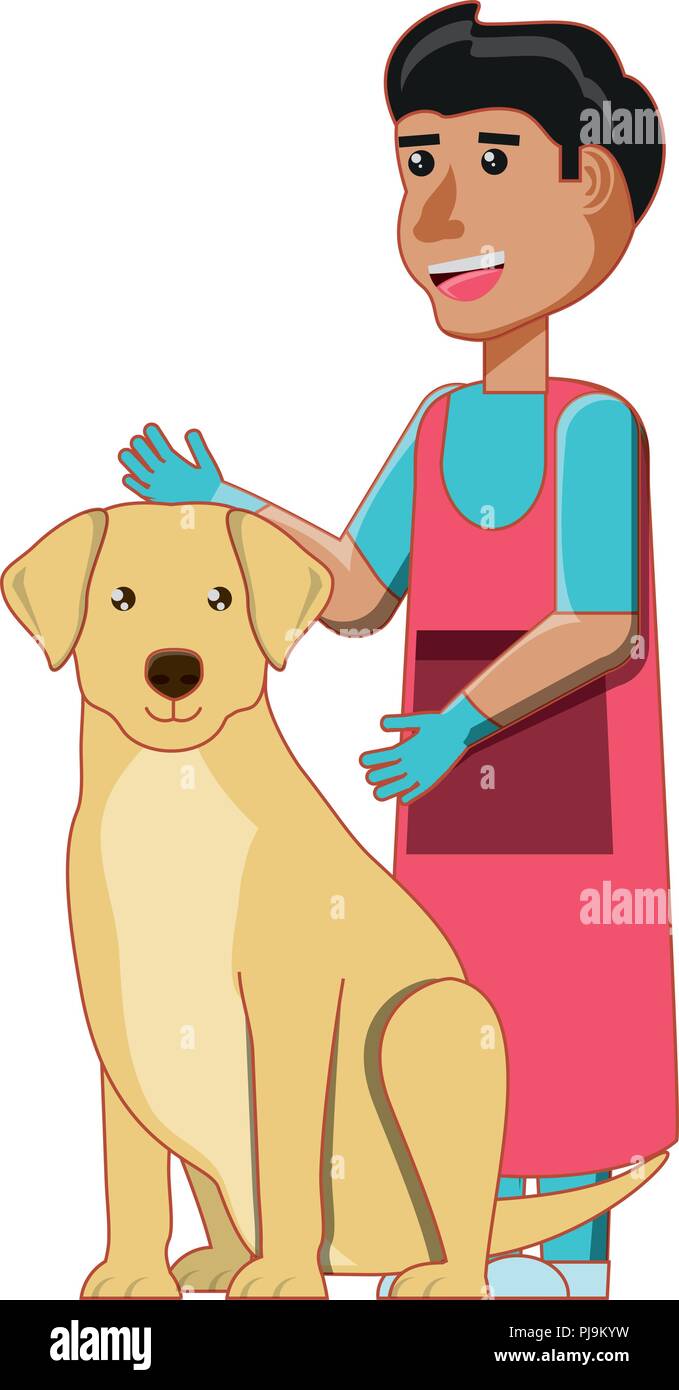 cartoon veterinary man with cute labrador dog over white background ...