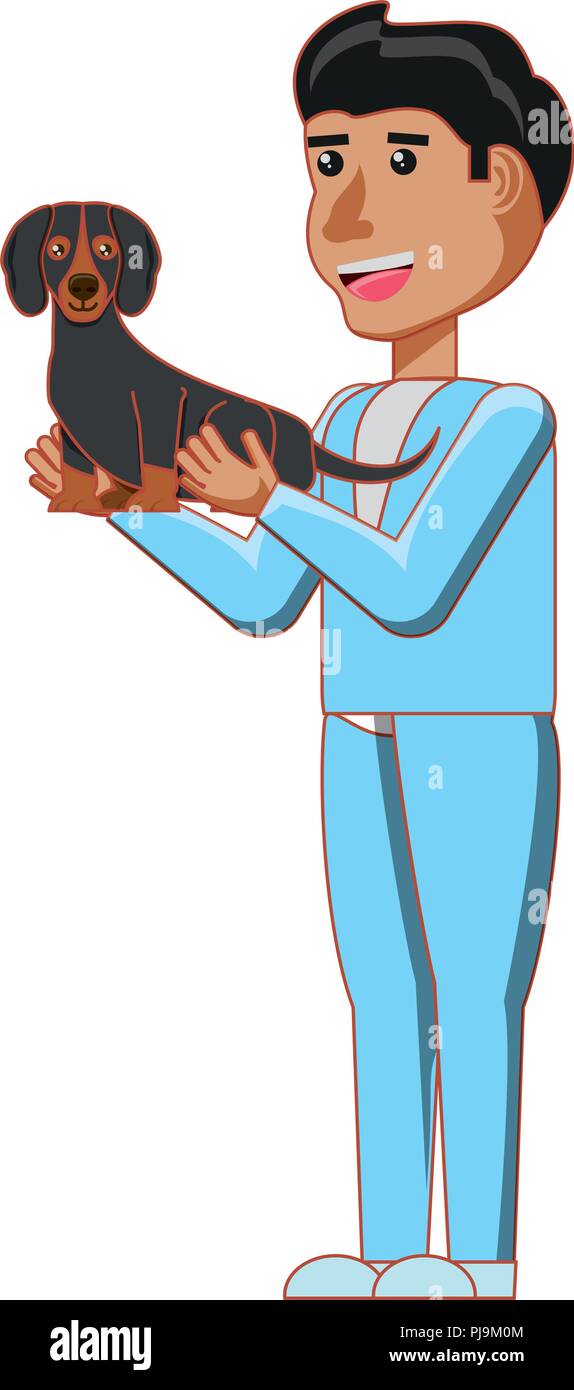 cartoon veterinary man with cute dachshund dog over white background ...