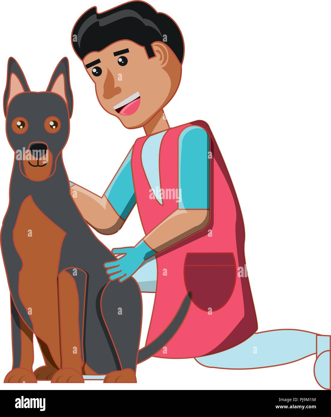 cartoon veterinary man with cute doberman dog over white background ...