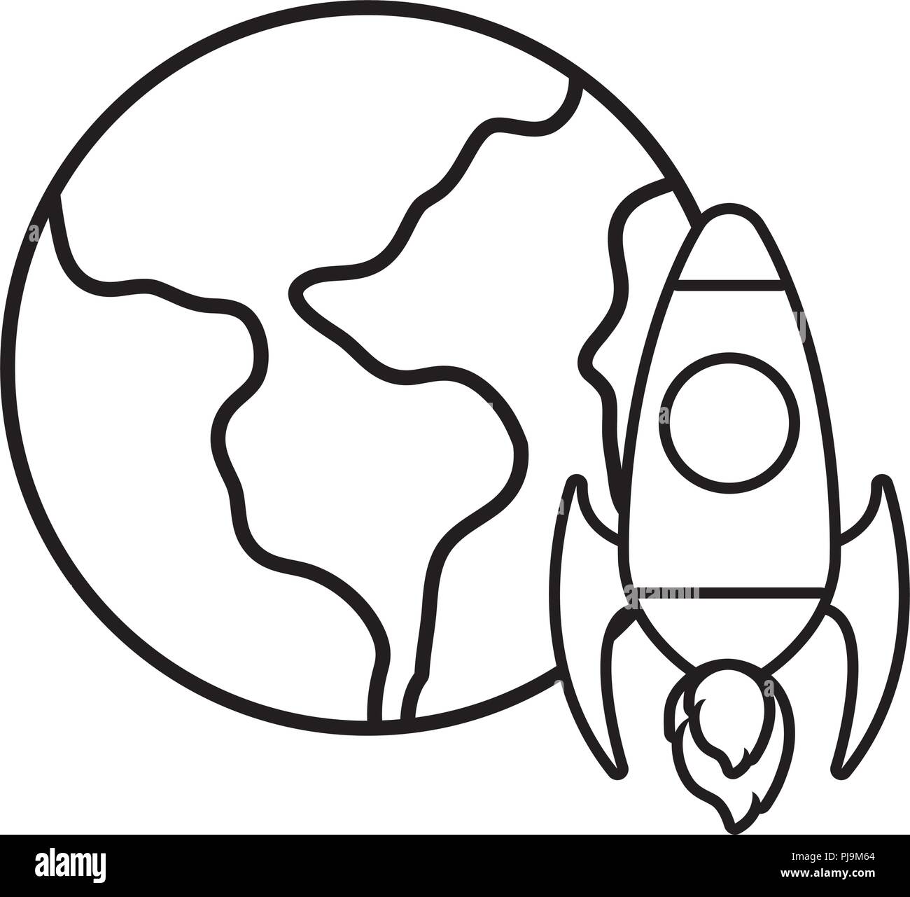 earth planet and space rocket over white background, vector ...