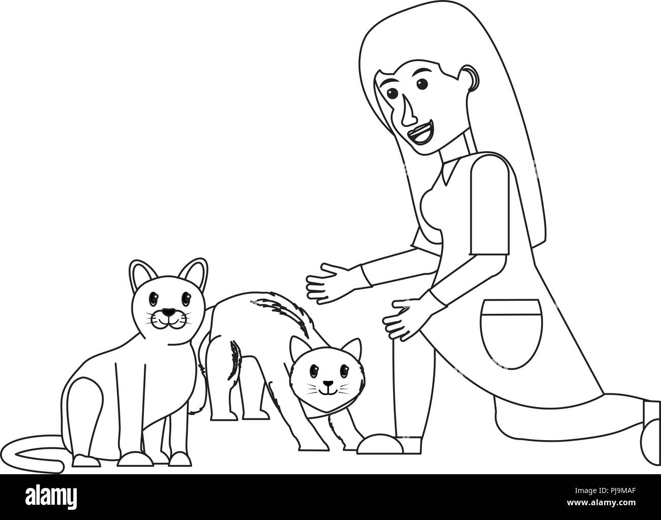 Cartoon Woman On Her Knees Strocking A Cute Cats Over White Background
