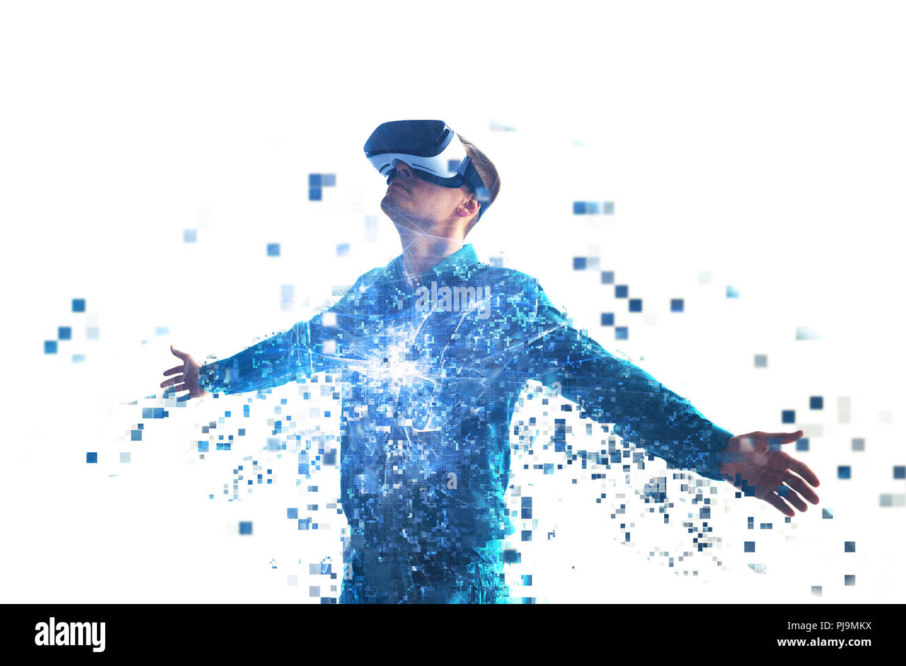 A person in virtual reality glasses flies to pixels. The concept of new ...