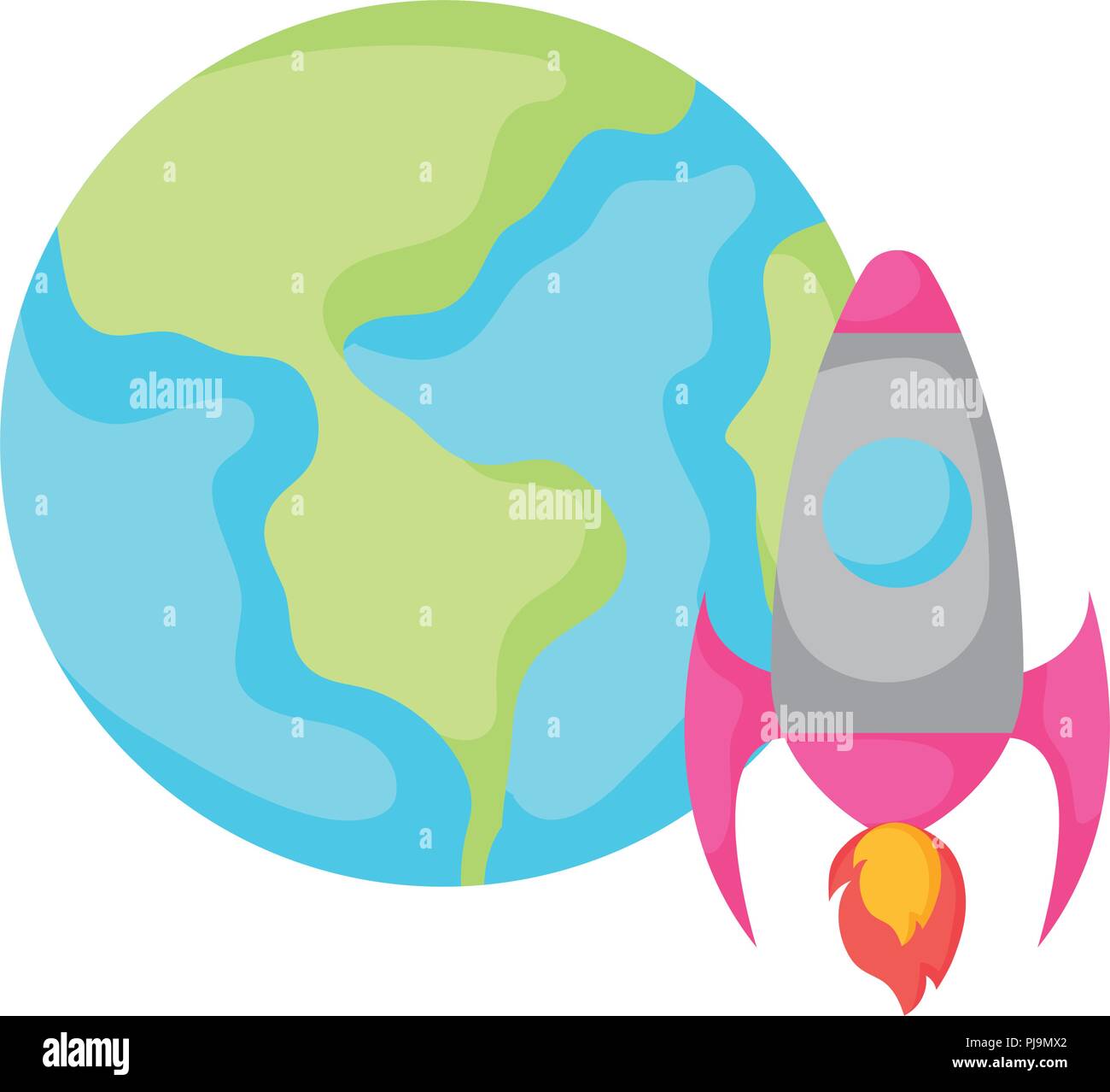 earth planet and space rocket over white background, vector ...