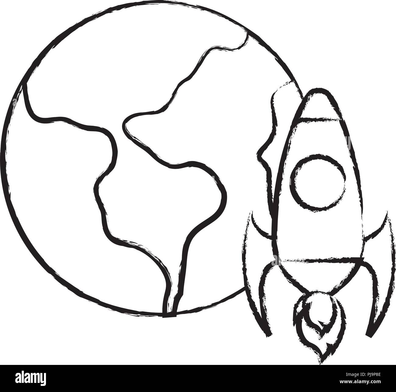 earth planet and space rocket over white background, vector ...
